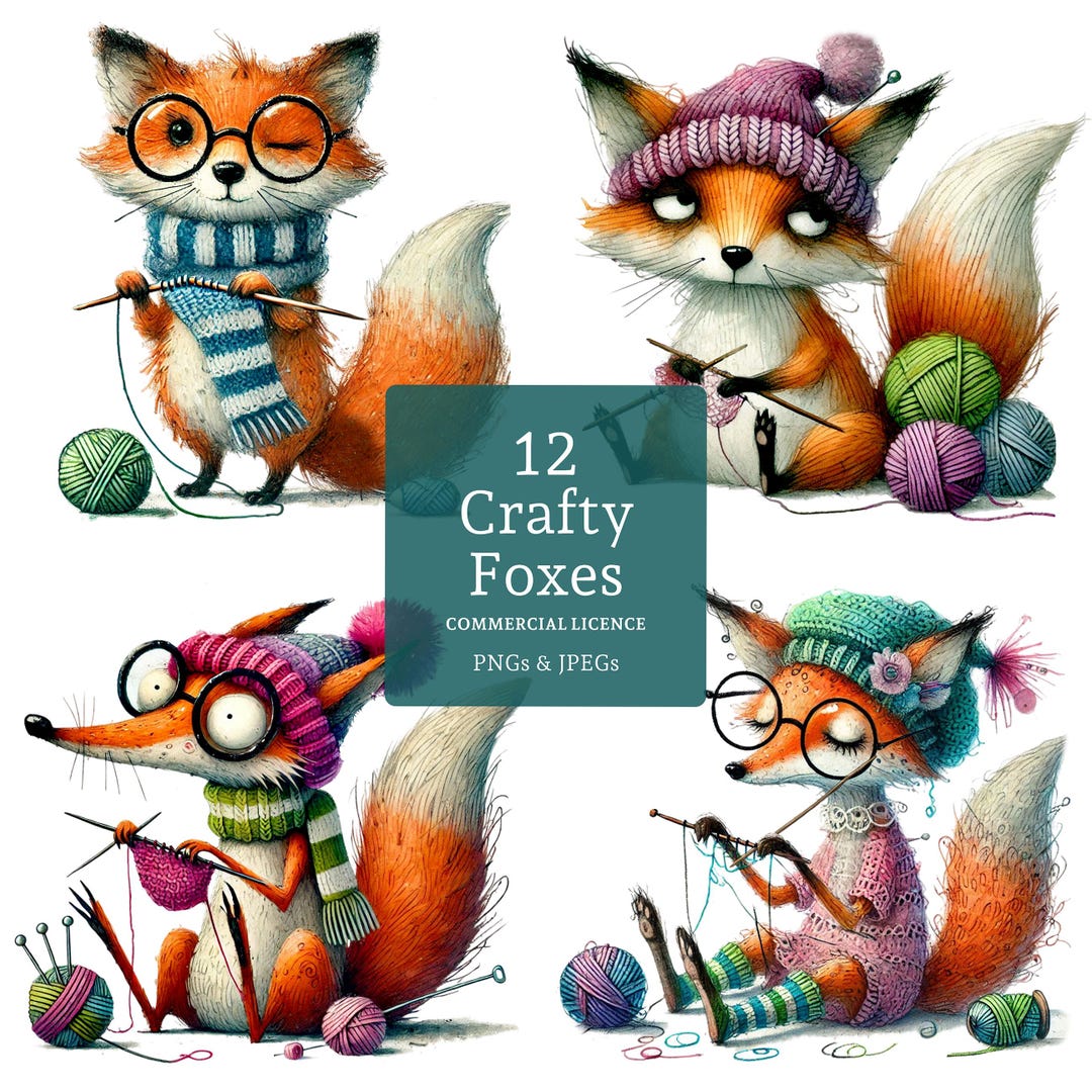 Crafty Fox Clipart, 12 High Quality Pngs/jpgs, Knitting Images, Hobby ...