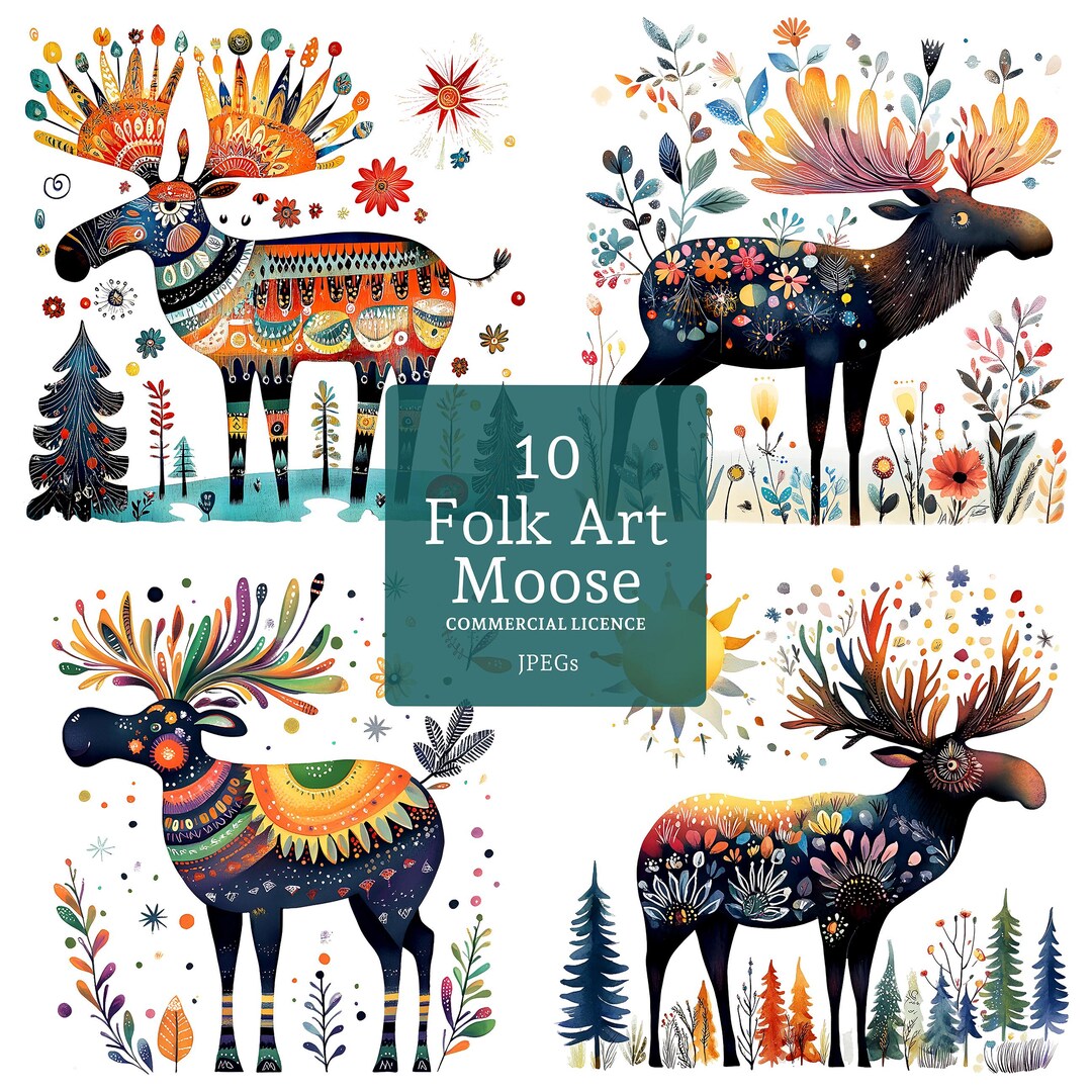 Folk Art Moose Clipart, 10 High Quality Pngs/jpgs, Watercolour Scandi ...