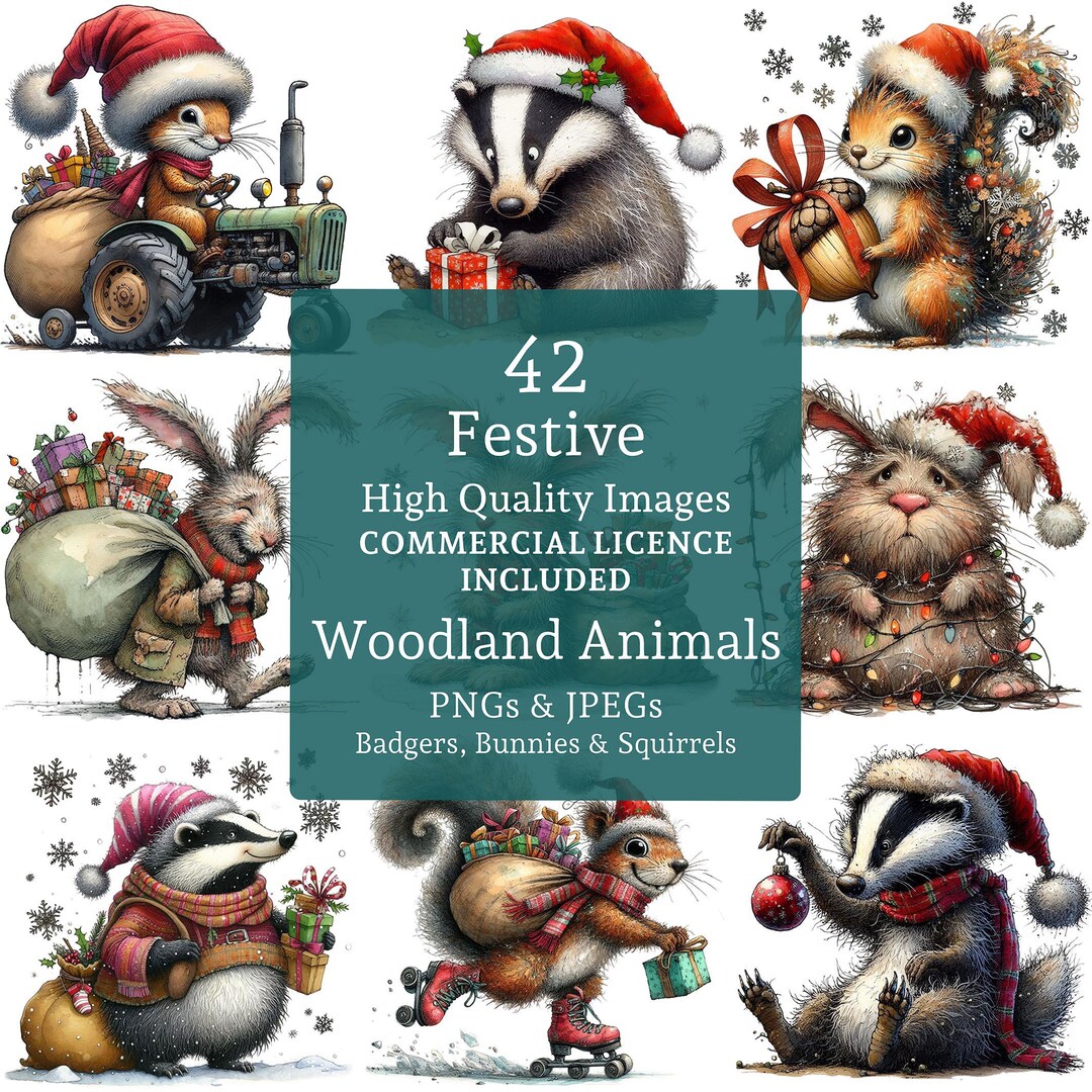 Festive Woodland Animals Bundle Clipart 42 Pngs/jpgs, Christmas Forest ...