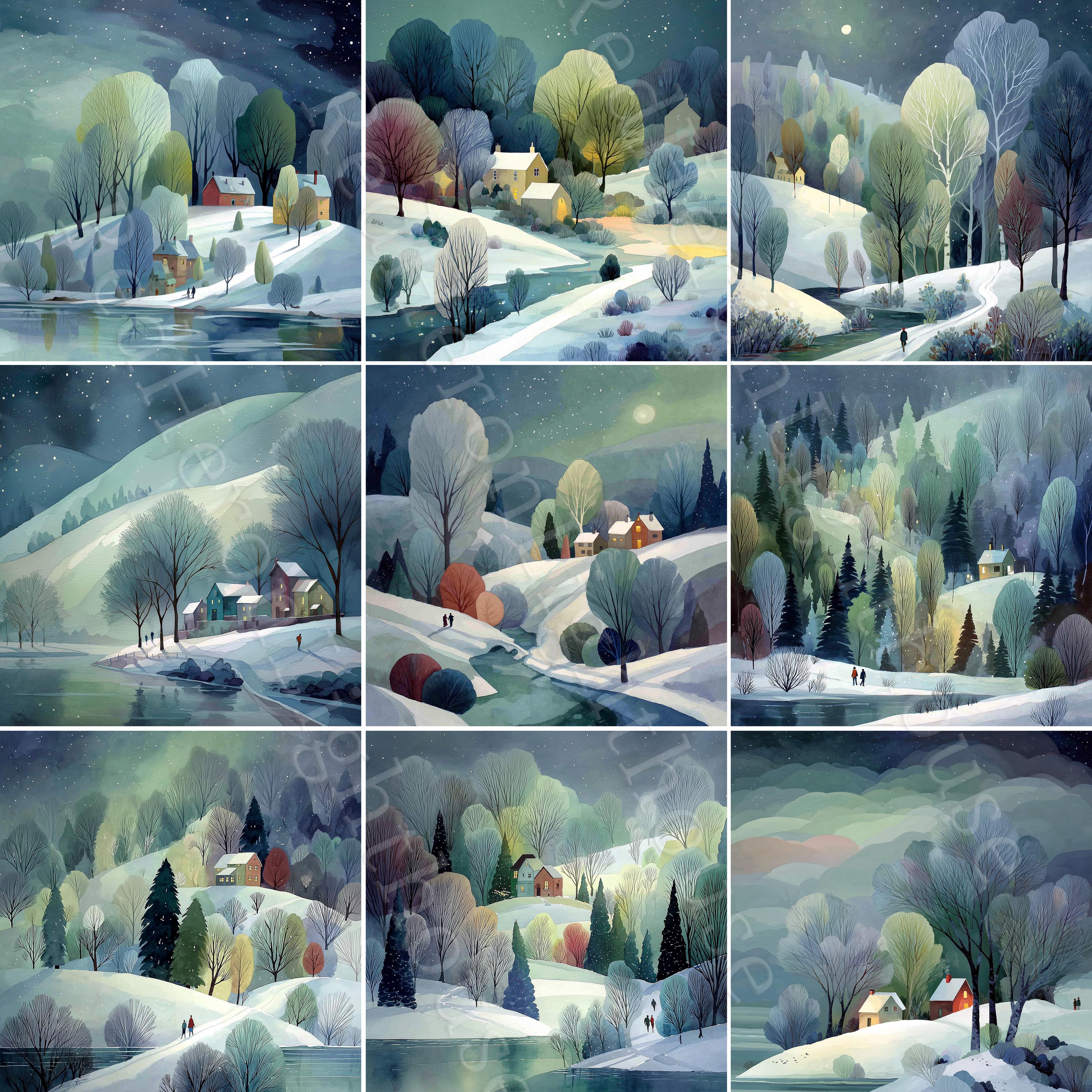 Whimsical Winter Scenery Clip Art: 18 Watercolour Snowy Landscape Jpgs ...