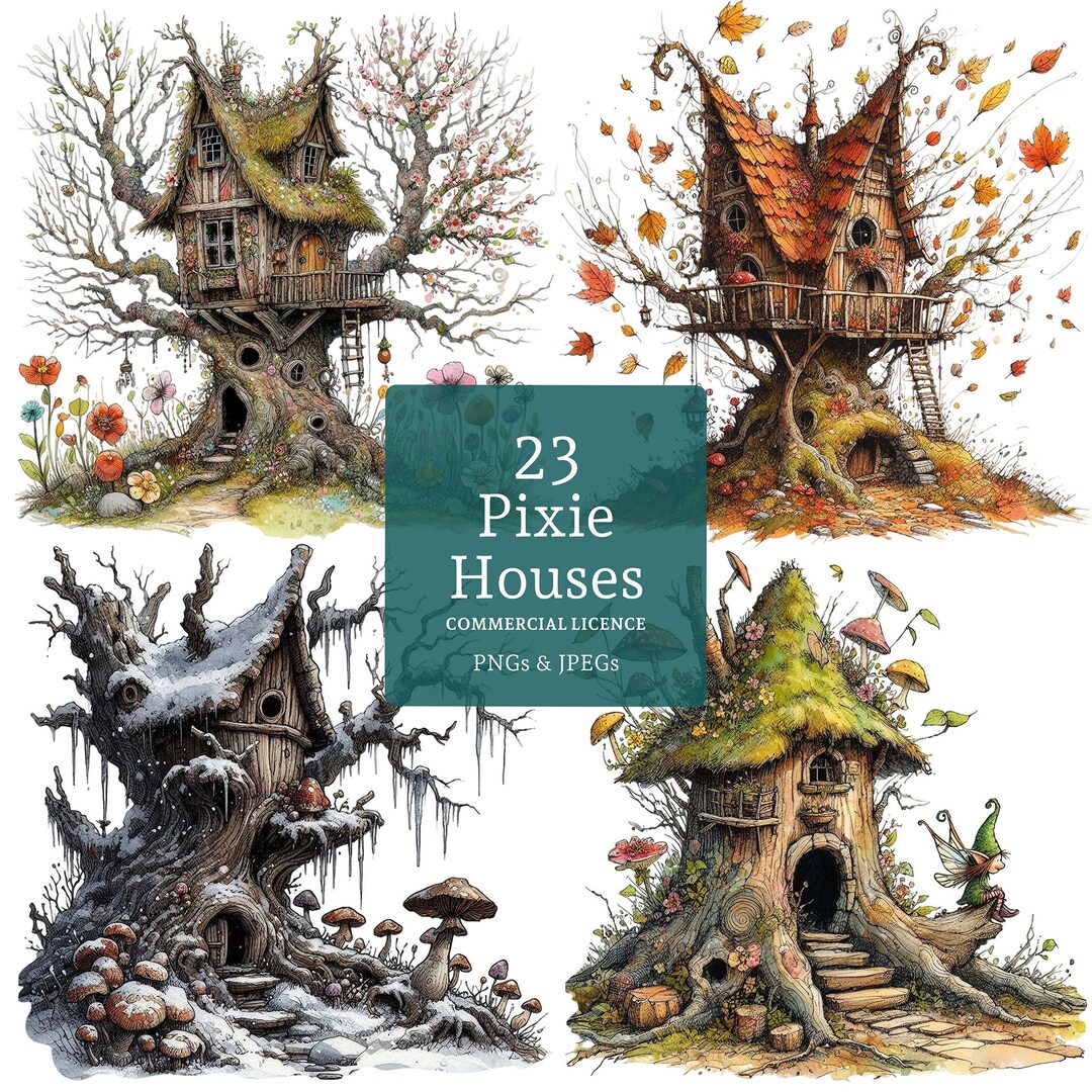 Pixie Tree House Clipart, 23 High Quality Jpgs/pngs, Seasonal Tree ...