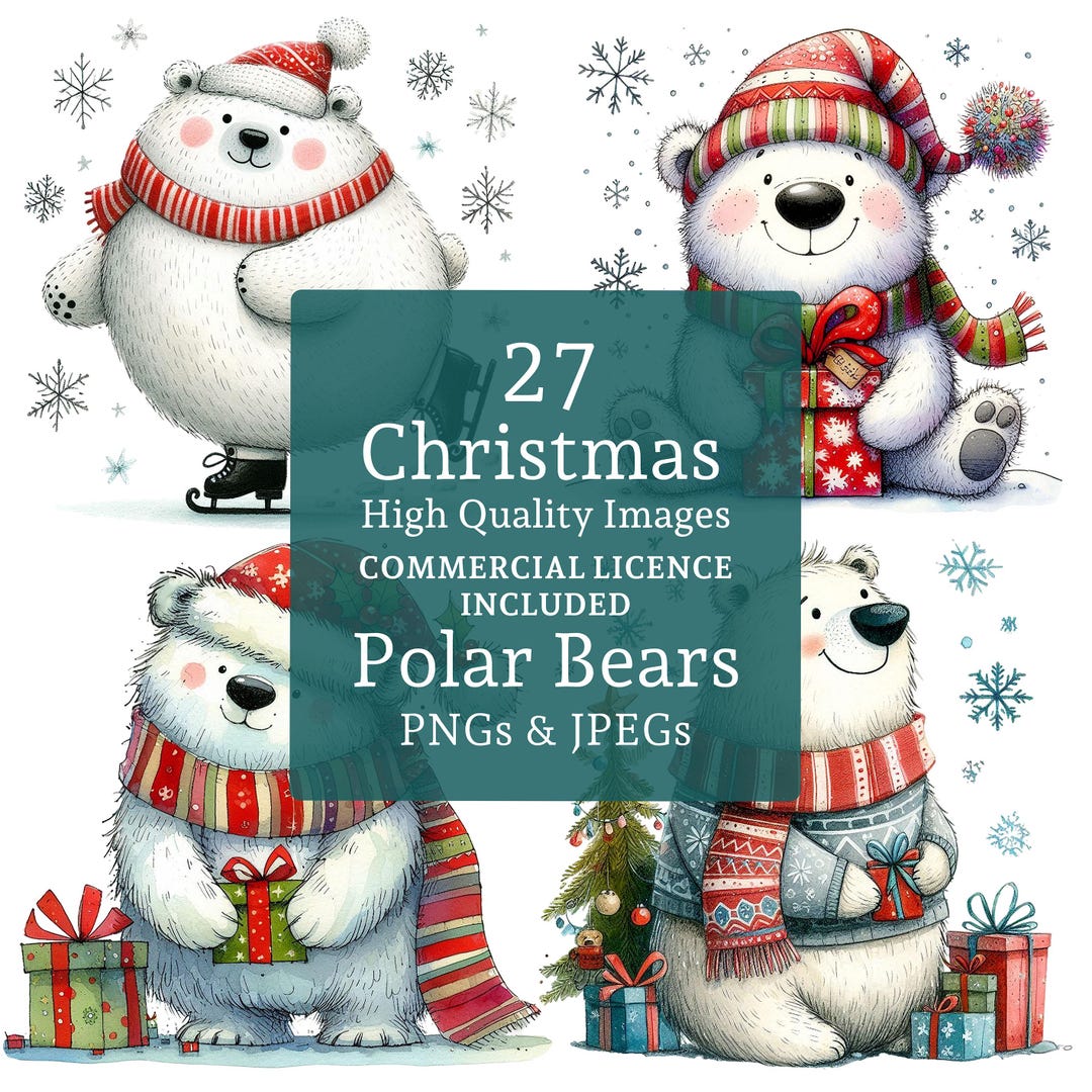 Christmas Polar Bear Clipart, 27 Pngs/jpgs, Whimsical Bear Images ...
