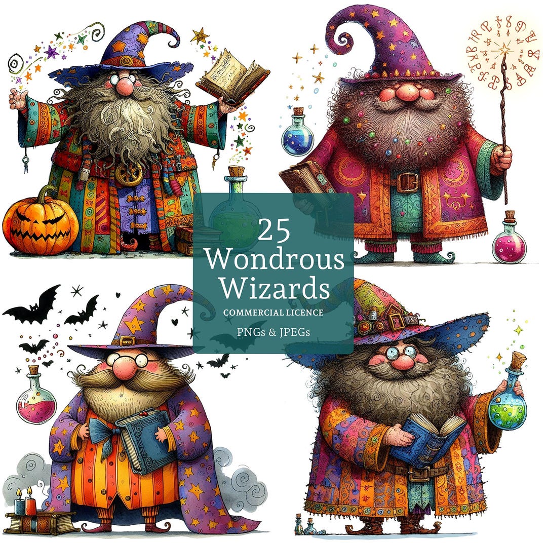 Whimsical Wizard Clipart, 25 Pngs/jpgs, Fun Magician Images, Colourful ...