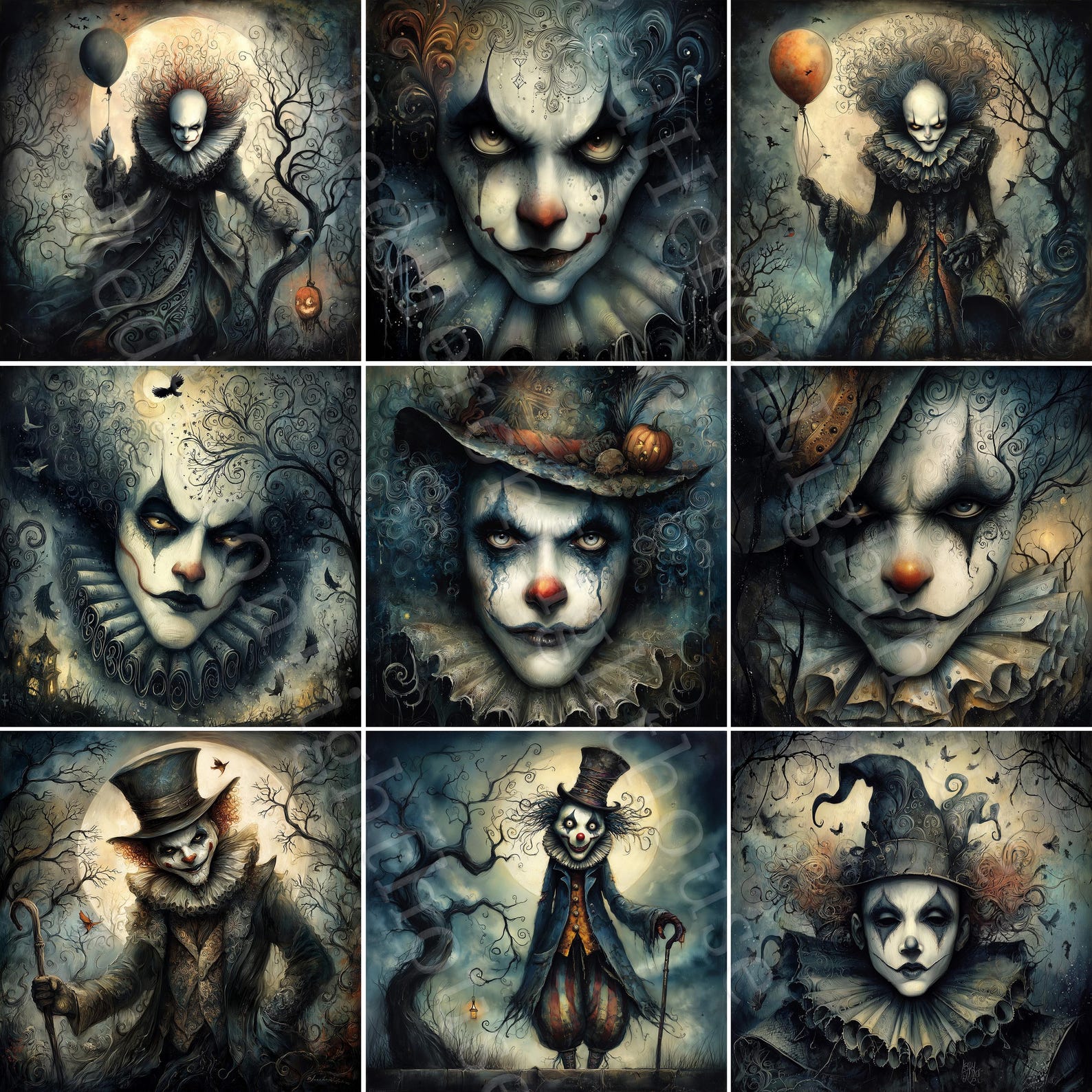Spooky Pierrot Clown Clip Art: Watercolour Harlequin Horror Ephemera ...