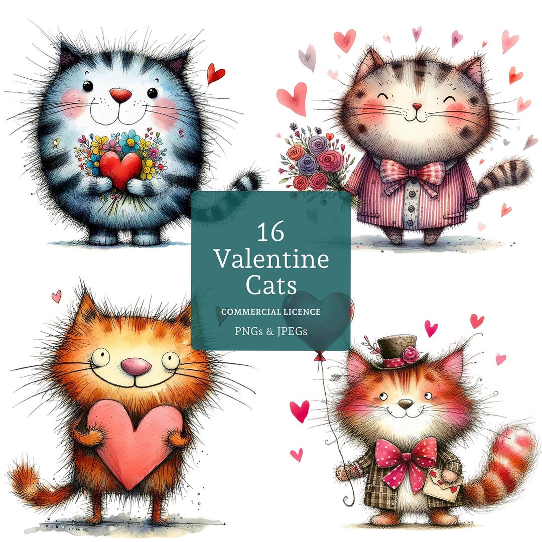 Love Heart Cat Clipart, 16 High Quality Pngs/jpgs, Valentine Cats ...