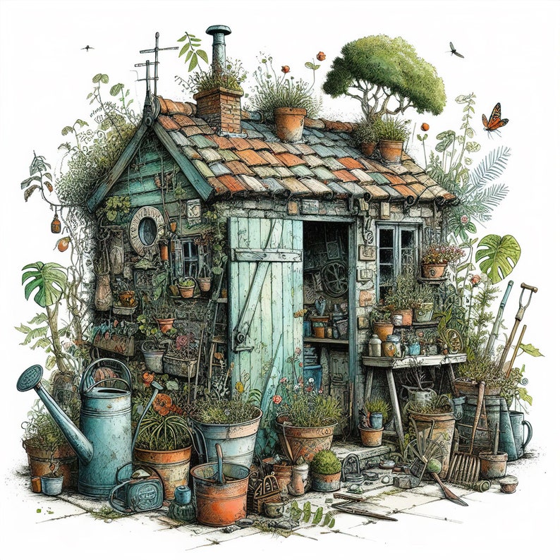 Garden Sheds Clipart Set, 15 Jpgs, Quirky Rustic Potting Shed Images ...