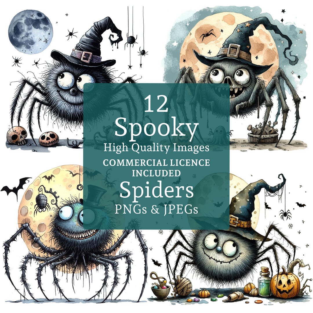 Spooky Spiders Clipart 12 Pngs/jpgs, Funny Insect Designs, Humorous ...