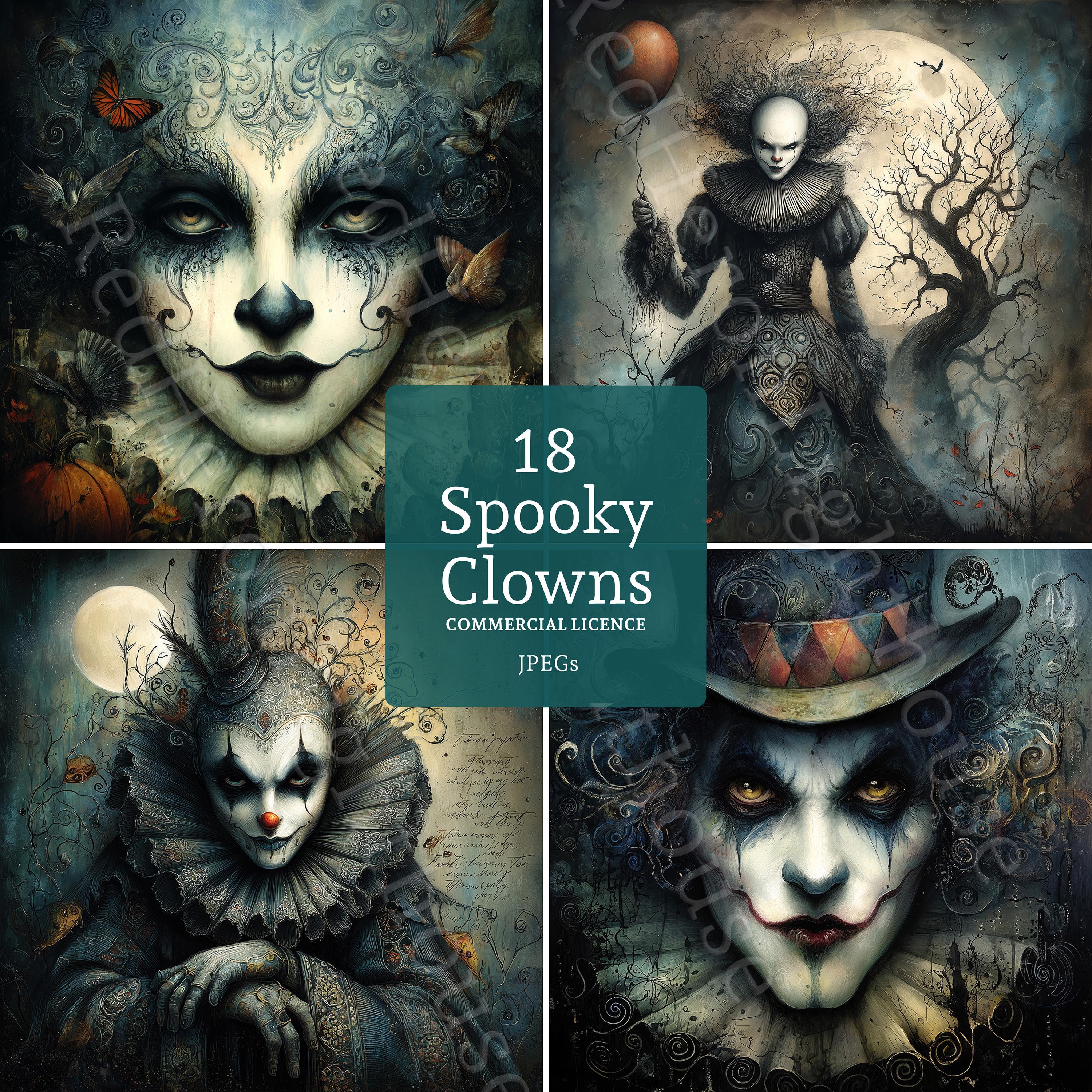 Spooky Pierrot Clown Clip Art: Watercolour Harlequin Horror Ephemera ...