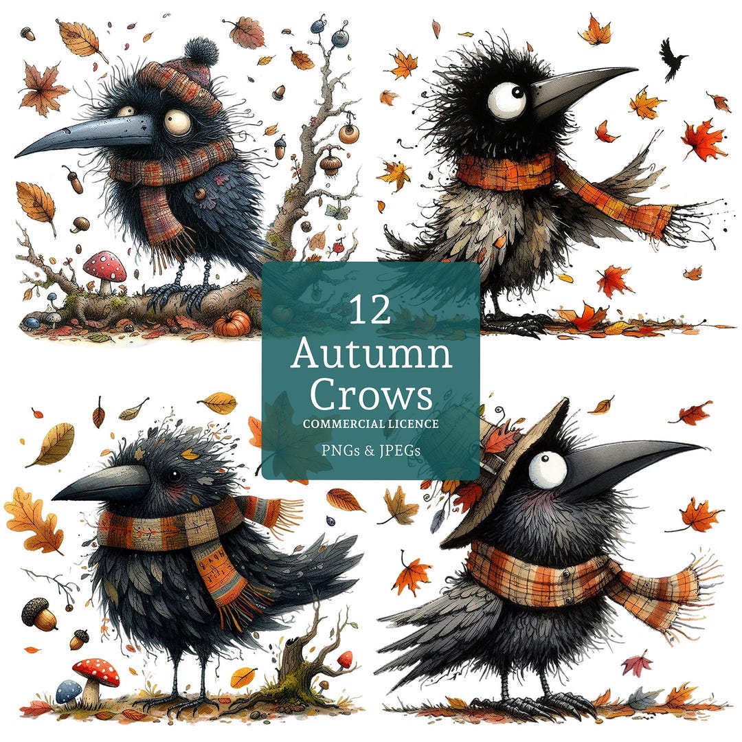 Autumn Crow Clipart, 12 Pngs/jpgs, Quirky Ravens, Funny Bird Images ...