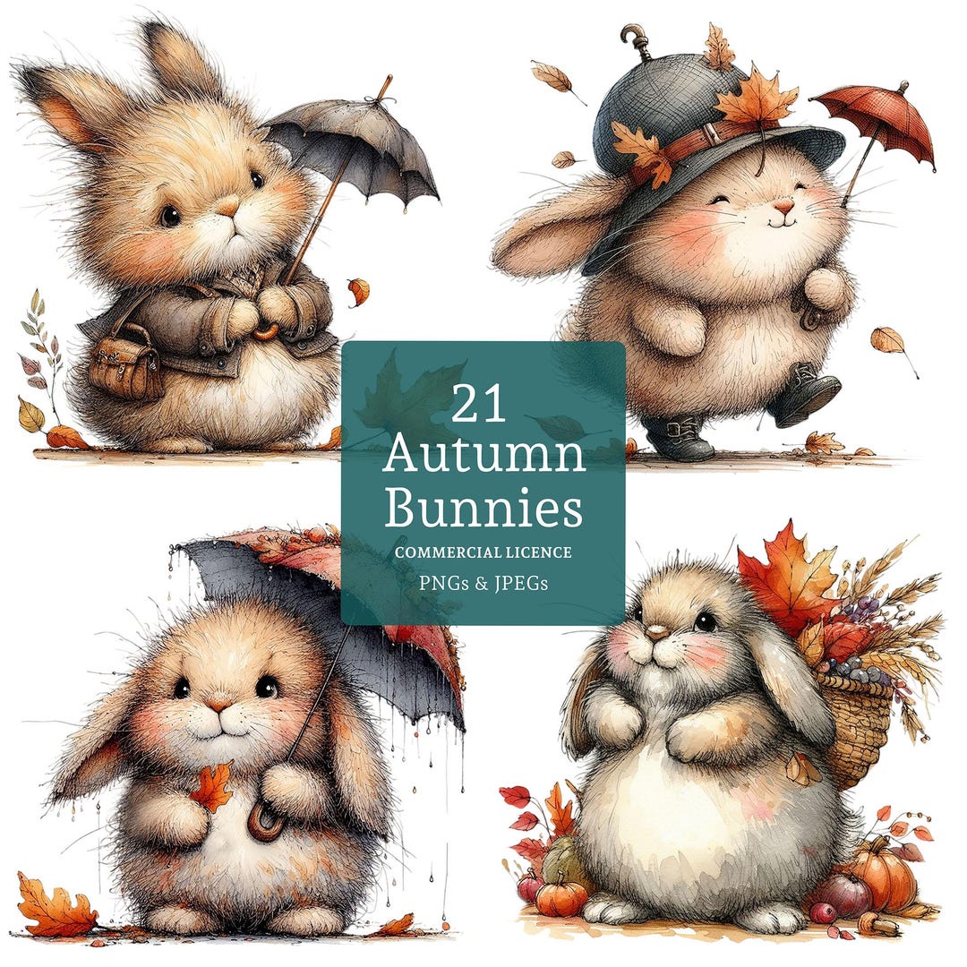 Autumn Bunny Clipart, High Quality Designs, 21 Pngs/jpgs, Cute Fall ...