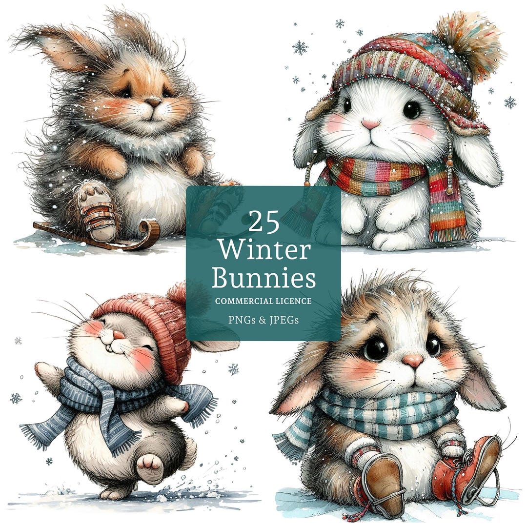 Winter Bunny Clipart, High Quality 25 Pngs/jpgs, Cute Baby Animal ...
