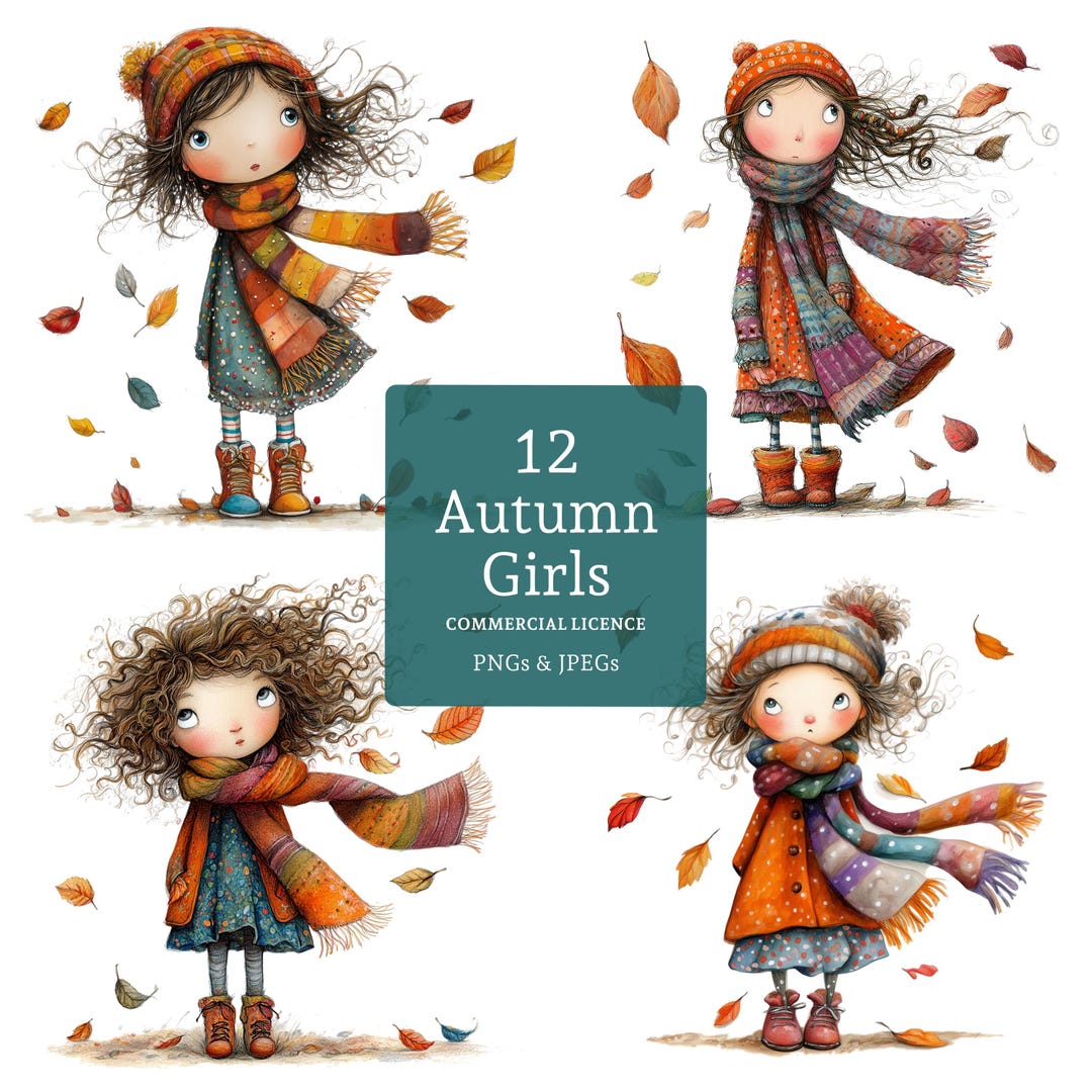 Quirky Autumn Girl Clipart, 12 High Quality Pngs/jpgs Watercolour Fall ...