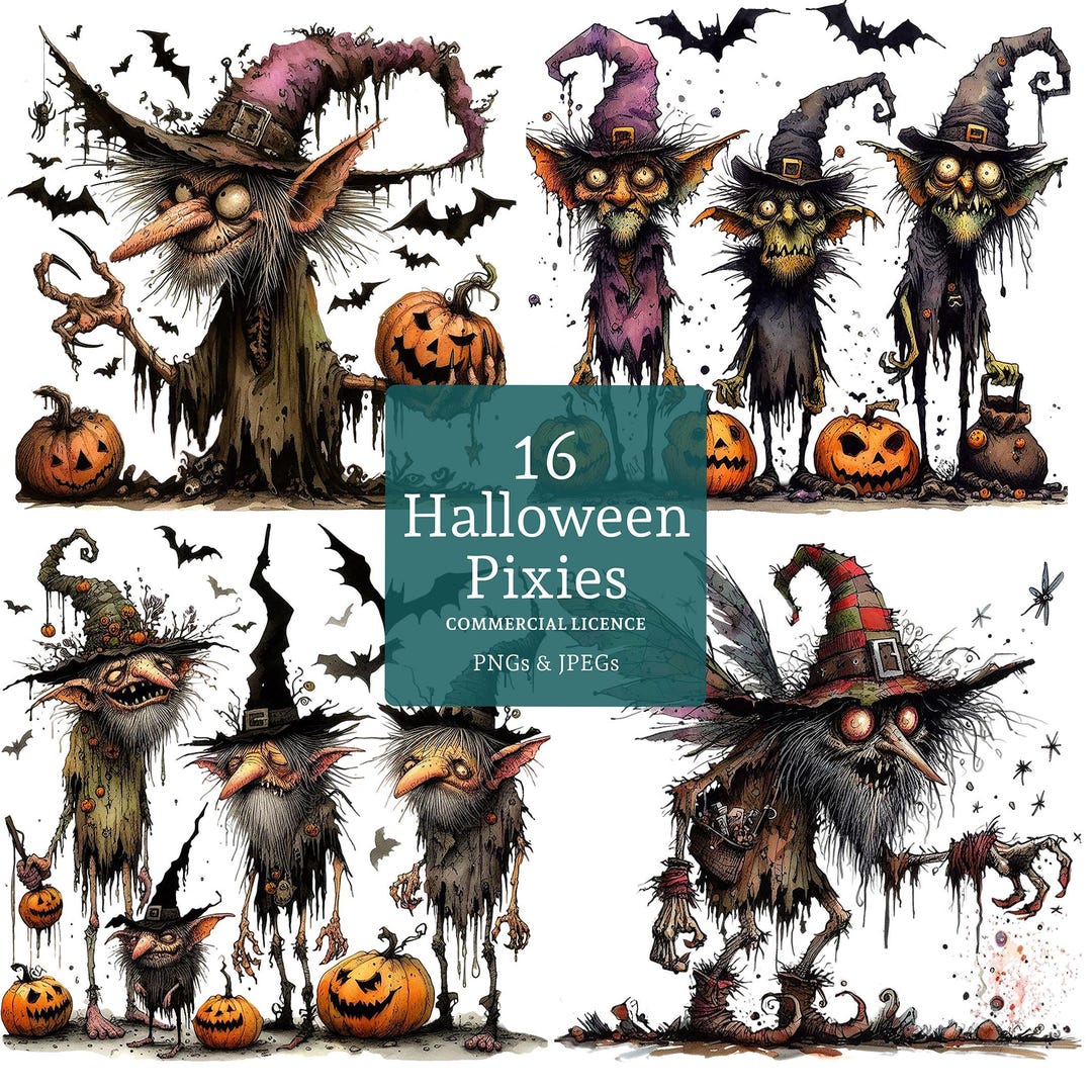 Wicked Halloween Pixies Clipart Set, 16 PNG/JPEG, Ugly Scary Pixie ...