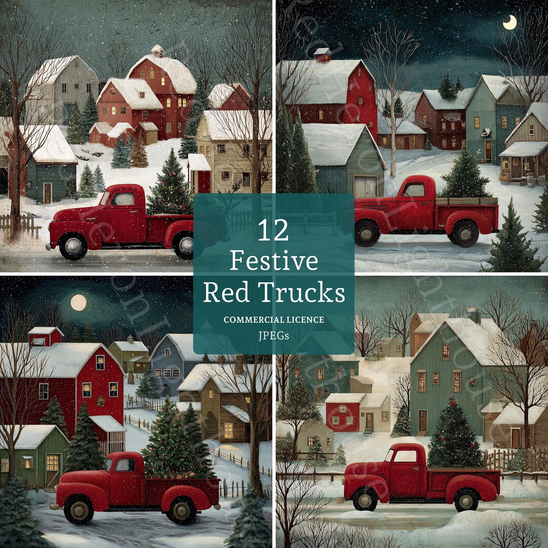 Red Truck With Christmas Trees Clip Art, Watercolour Farm Pick-up, 12 ...