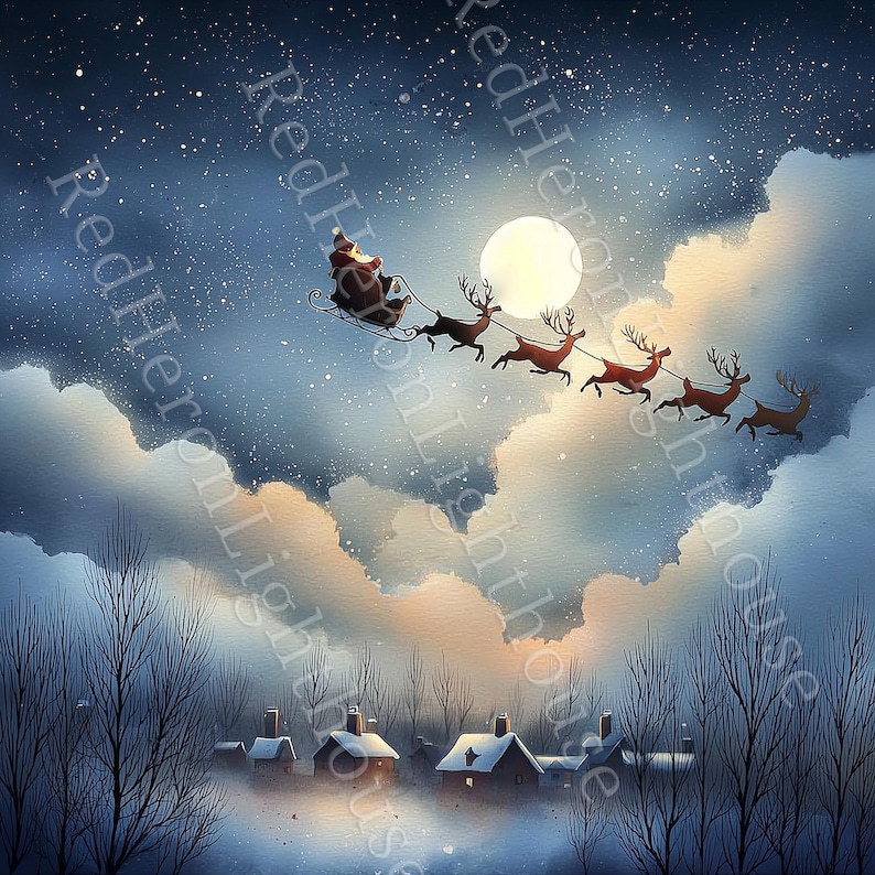 Santa Sleigh Clip Art, Watercolour Fantasy Christmas Eve Night Sky, 16 ...