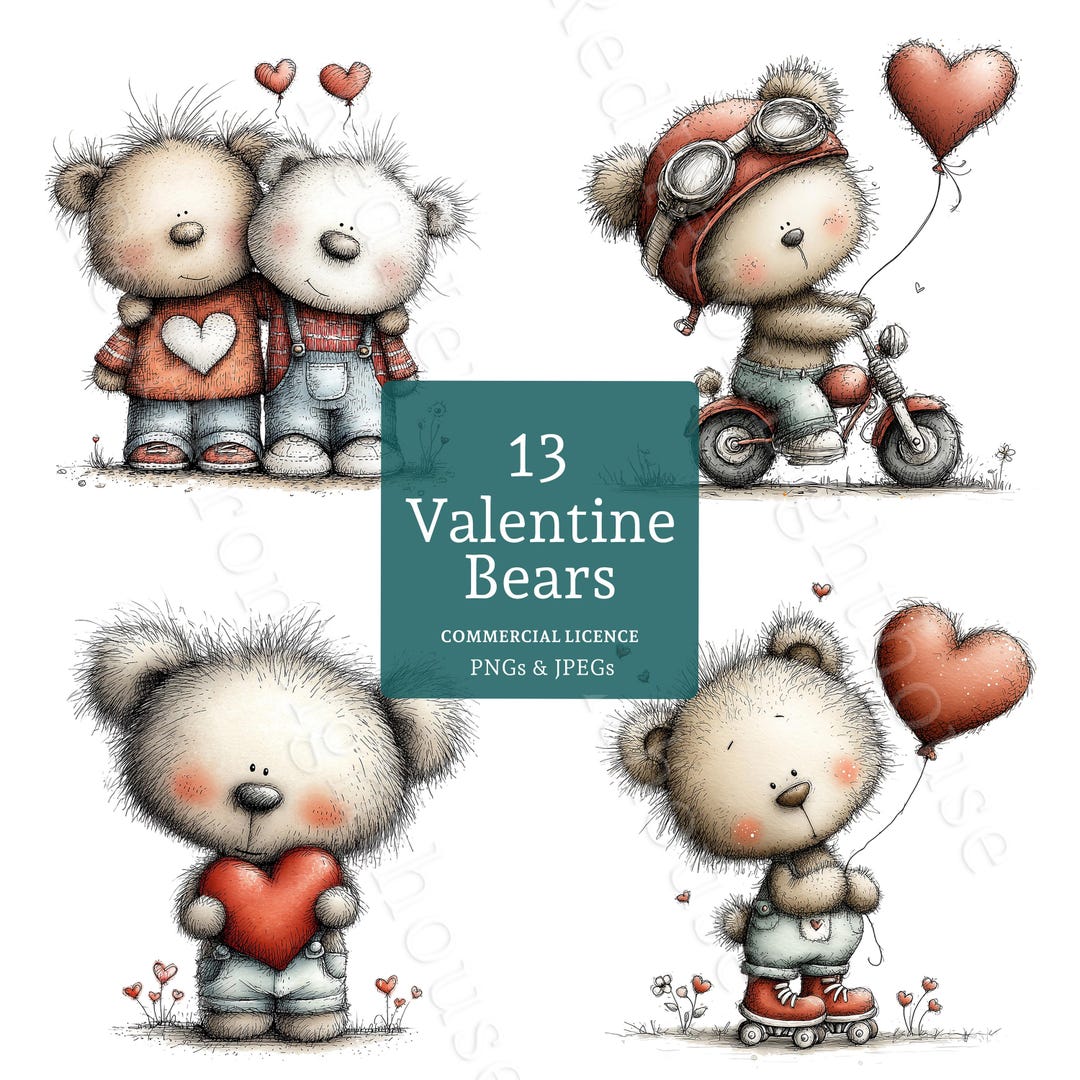 Valentine's Day Teddy Bear Clip Art, Whimsical Love Heart Animal ...