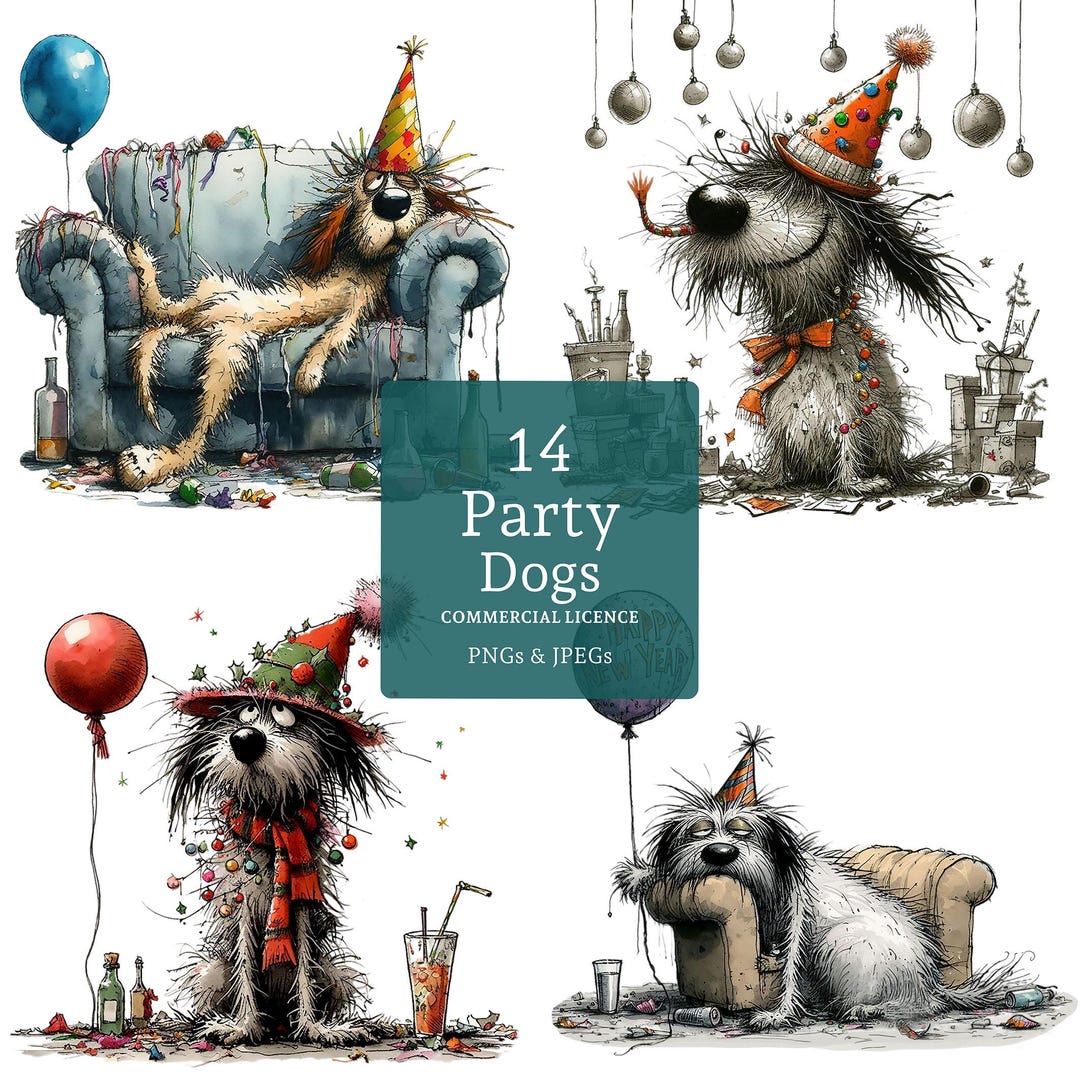 Funny Party Dog Clipart Set, 14 Pngs/jpgs, Quirky Hung Over Dogs ...