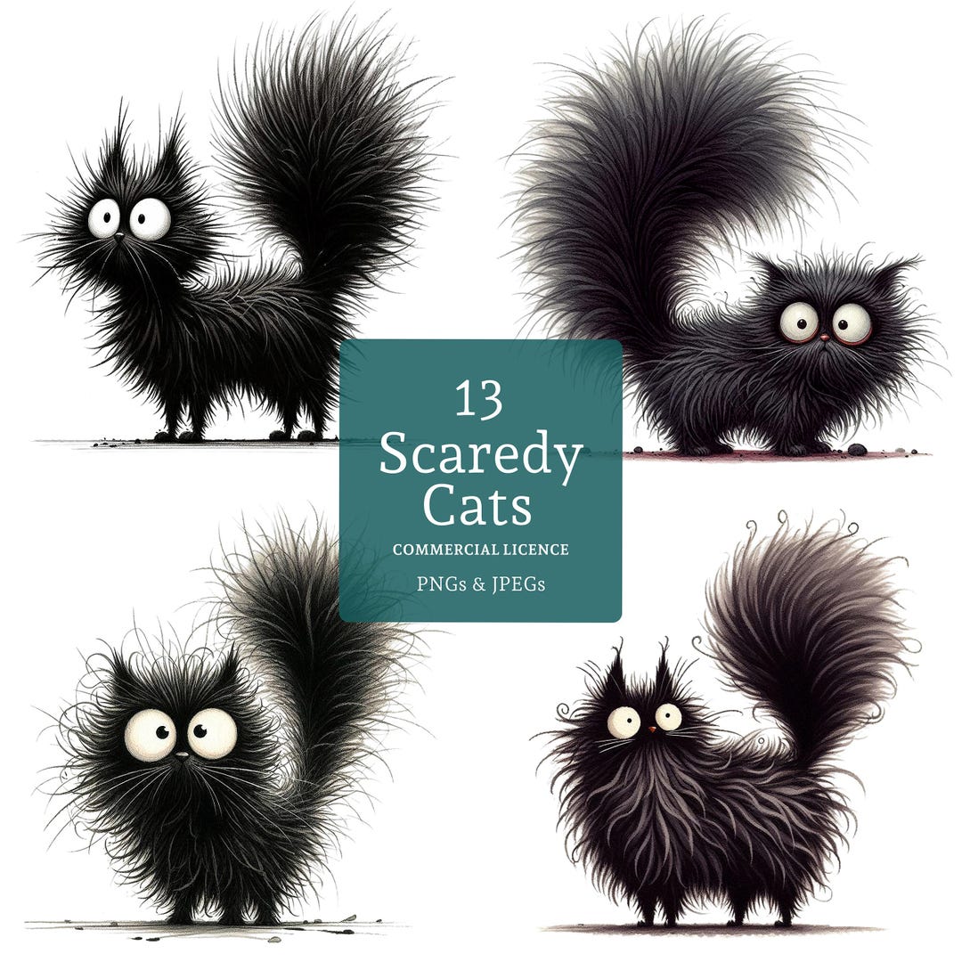 Scaredy Cat Clipart, 13 High Quality Watercolour Pngs/jpgs, Quirky ...