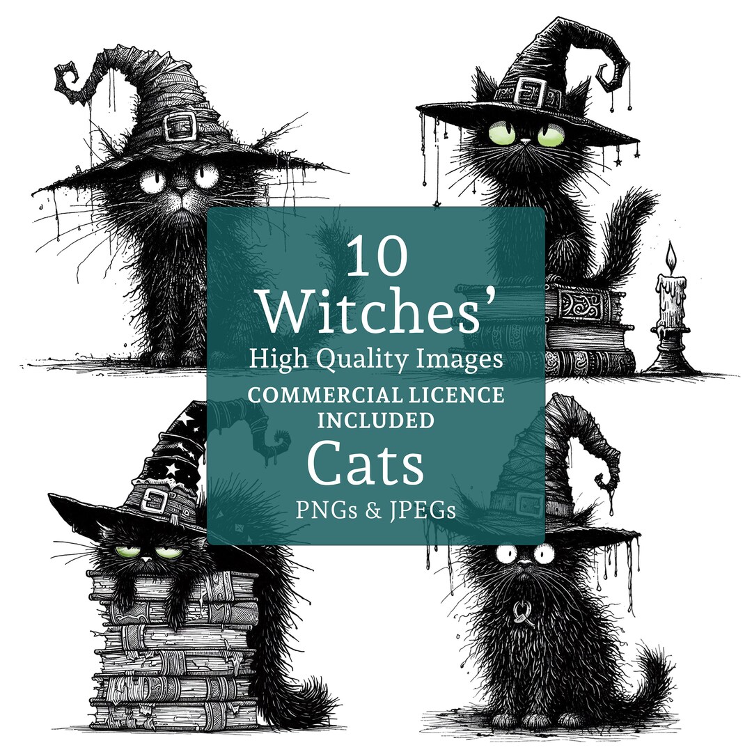 Witch Cat Clipart, 10 High Quality Pngs/jpgs, Cute Black Cat Designs ...