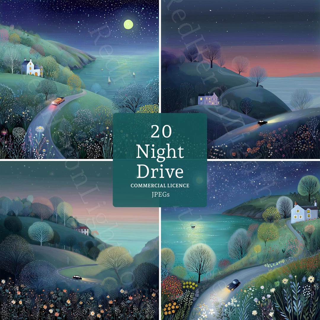 Moonlit Coastal Drive Clip Art, Watercolour Night Sky, 20 Jpgs, Digital ...