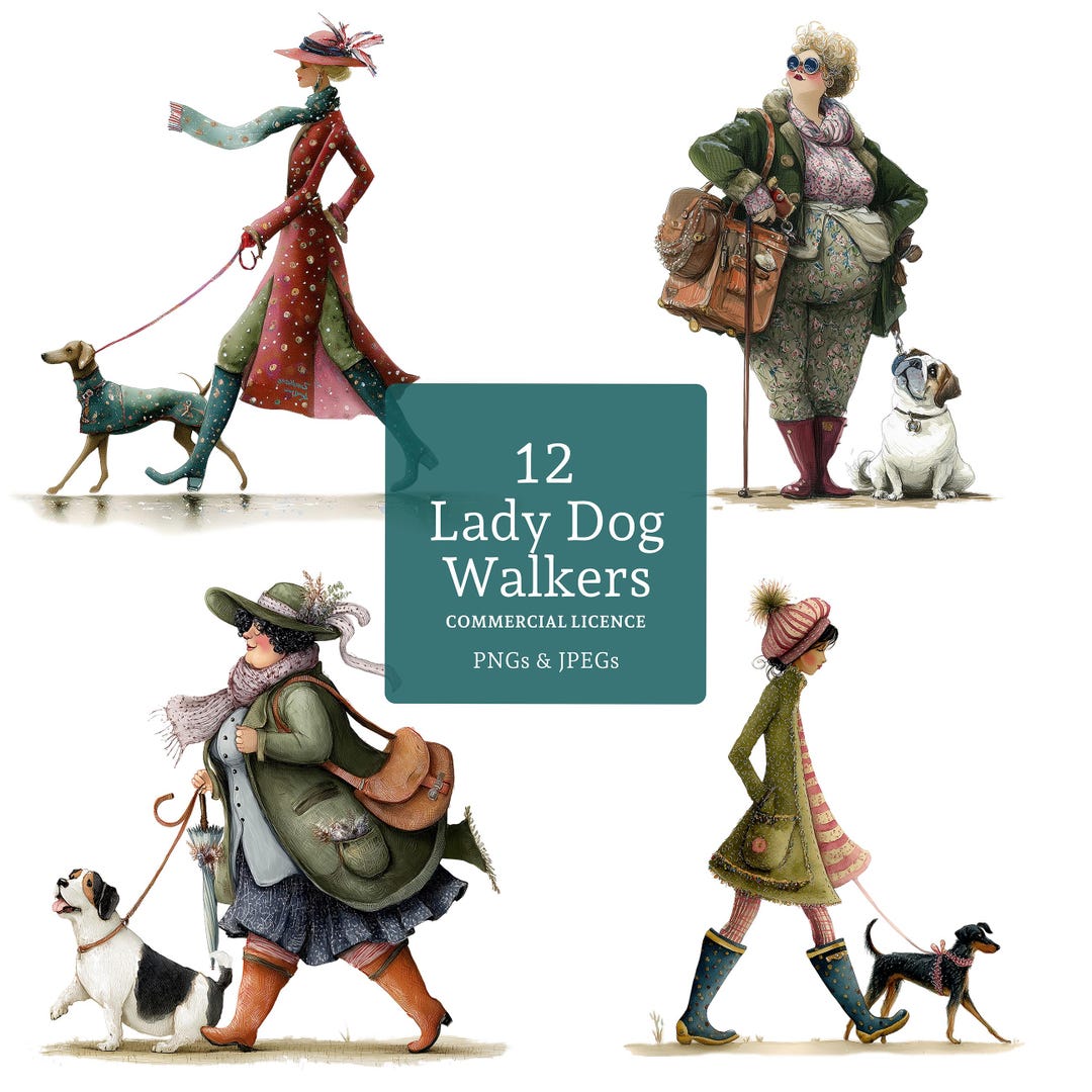 Lady Dog Walker Clipart, 12 High Quality Pngs/jpgs, Watercolour ...
