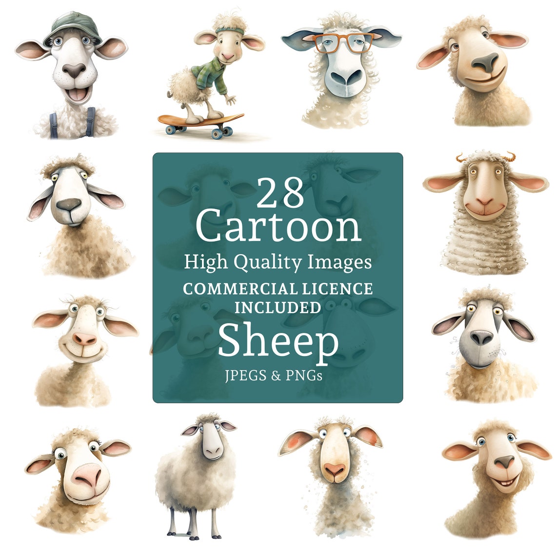 28 Funny Cartoon Sheep Clipart Bundle High Quality Designs, Quirky Farm ...