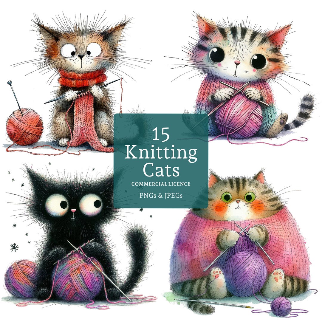 Knitting Kitties Clipart, 15 High Quality Pngs/jpgs, Quirky Cat Clipart ...