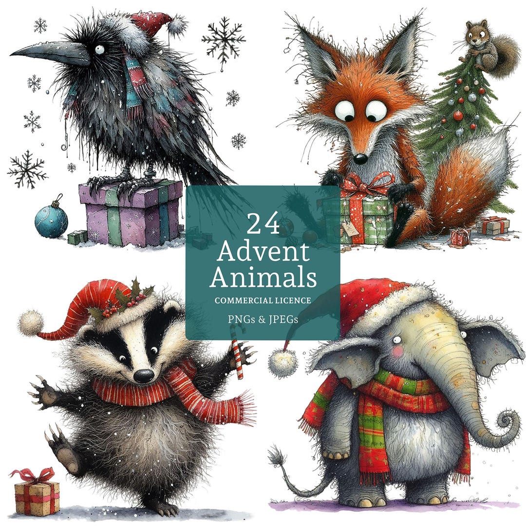 Christmas Animal Clipart, High Quality 24 Pngs/jpgs, Advent Calendar ...