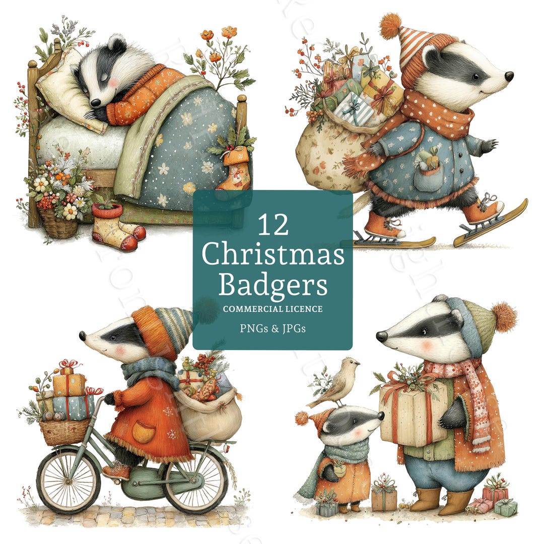 Badger Christmas Clip Art, 12 Watercolour Nursery Animal Pngs/jpgs ...