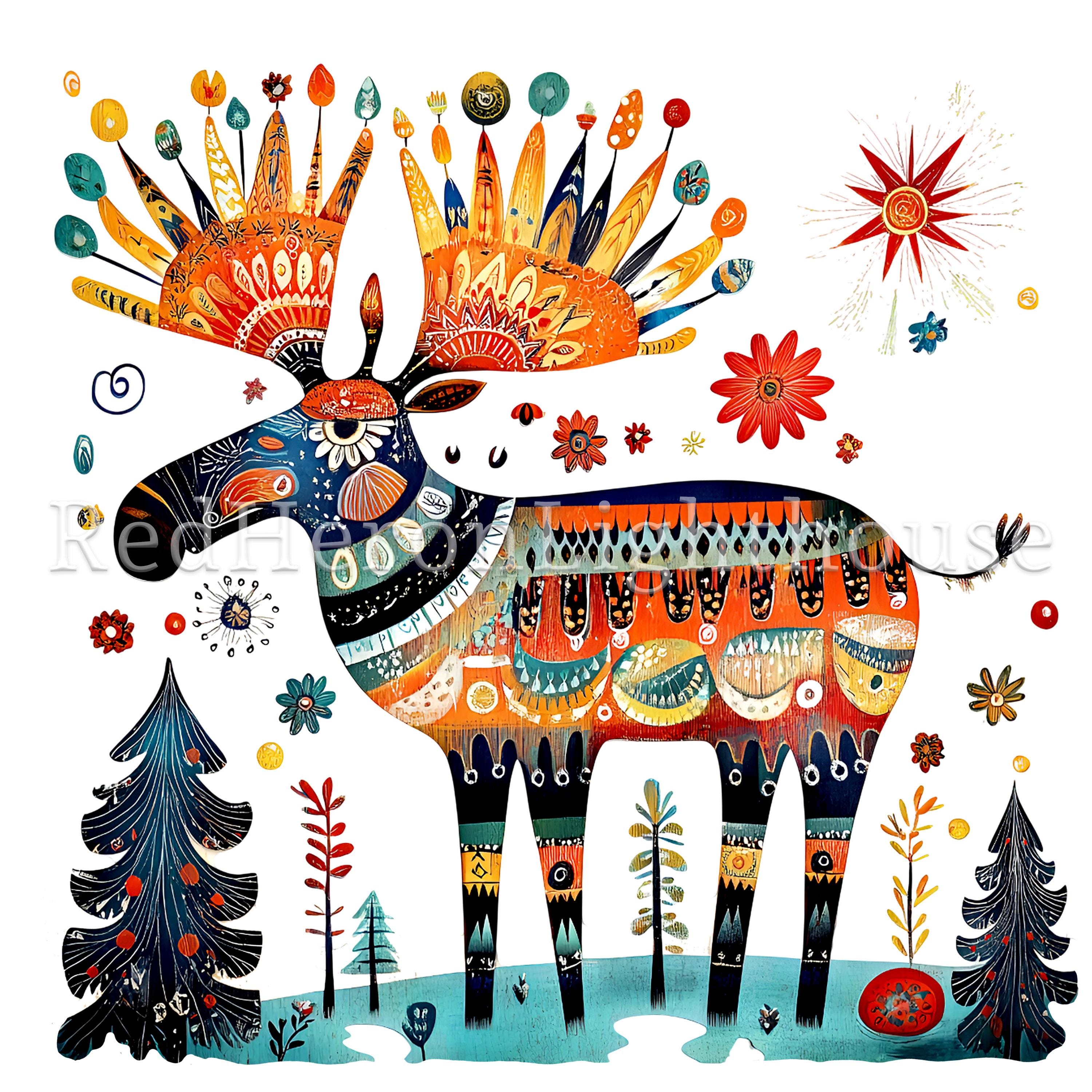 Folk Art Moose Clipart, 10 High Quality Pngs/jpgs, Watercolour Scandi ...