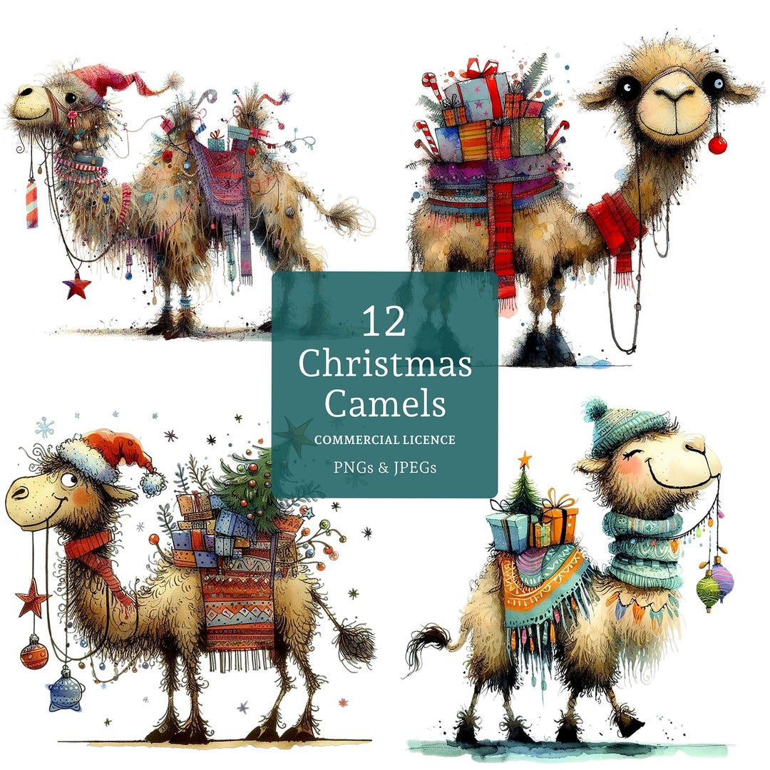 Christmas Camel Clipart, 12 High Quality Pngs/jpgs, Whimsical Festive ...