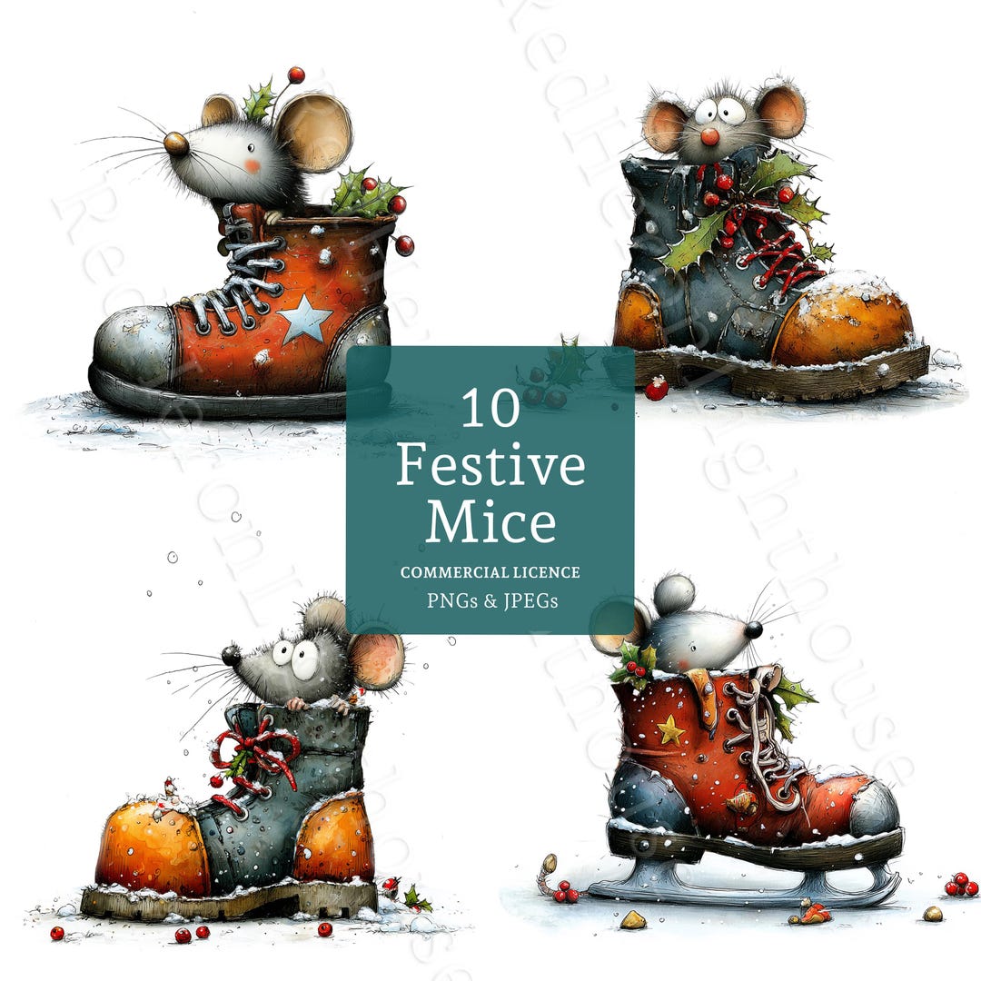 Christmas Mouse in A Boot Clip Art, 10 Watercolour Quirky Festive Pngs ...