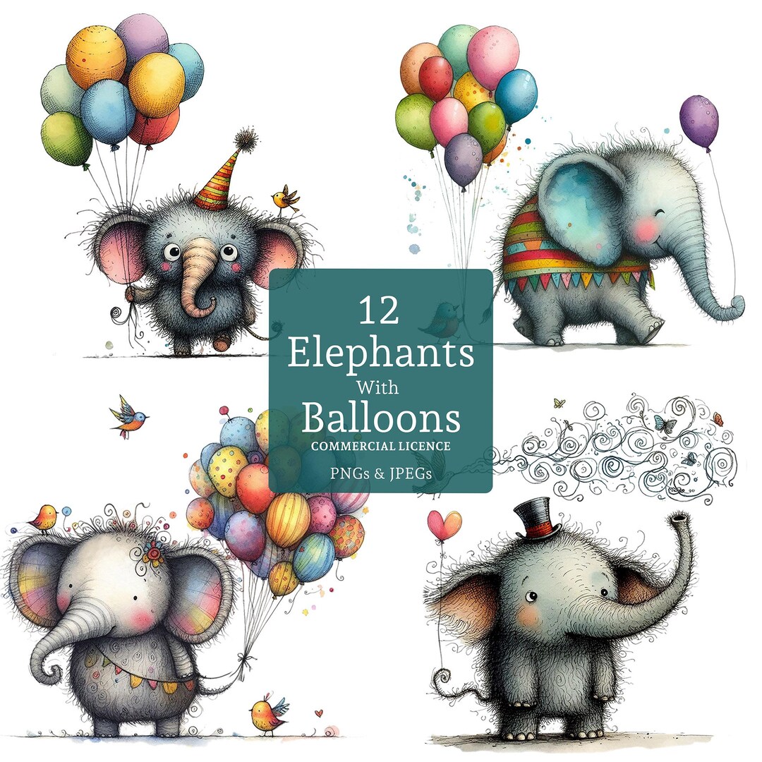Cute Elephant Clipart, 12 Pngs/jpgs Birthday Elephants With Balloons ...