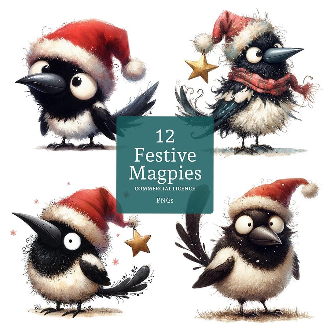 Christmas Magpie Clipart, 12 High Quality Watercolour Pngs/jpgs, Funny ...