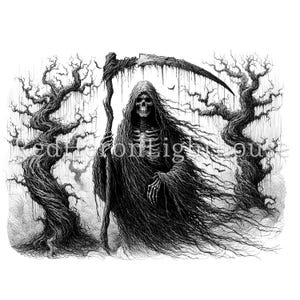 Grim Reaper Pen & Ink Clipart Set, 14 Pngs/jpgs, Terrifying Halloween ...