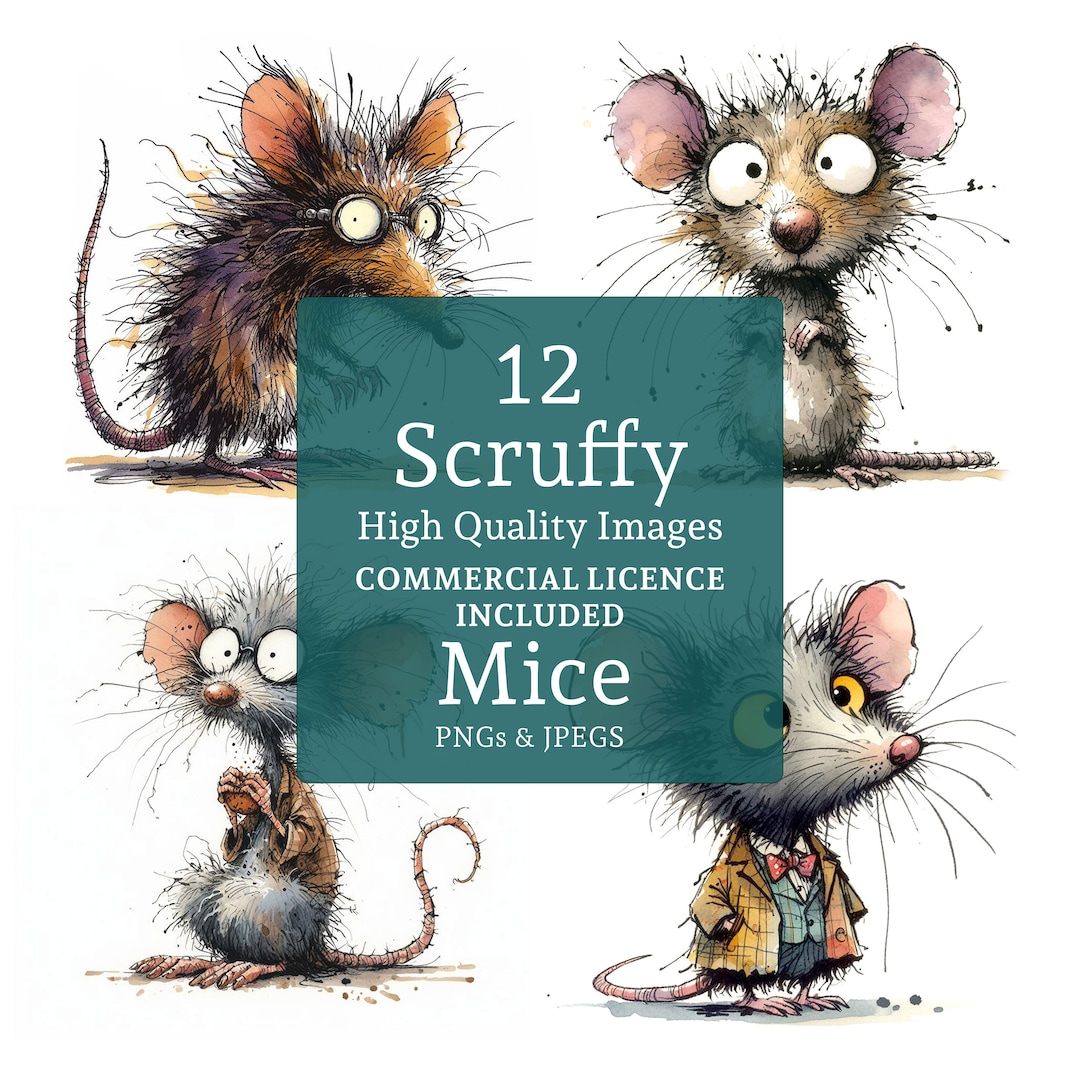 12 Scruffy Mice Clipart Set, 12 Pngs/jpgs, Funny Mouse Art, Whimsical ...