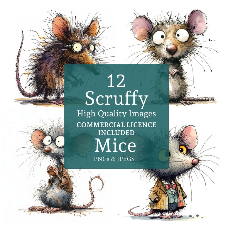 12 Scruffy Mice Clipart Set, 12 Pngs/jpgs, Funny Mouse Art, Whimsical ...