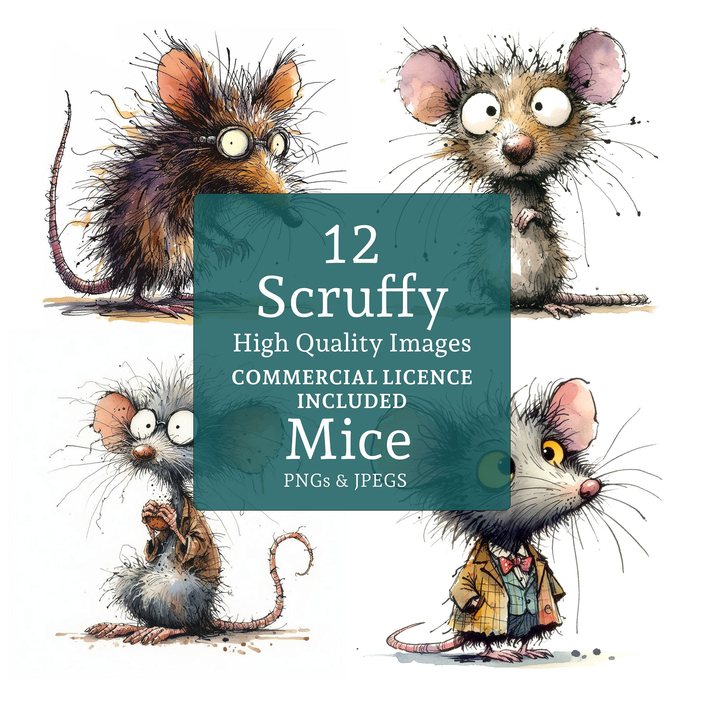 12 Scruffy Mice Clipart Set, 12 Pngs/jpgs, Funny Mouse Art, Whimsical ...