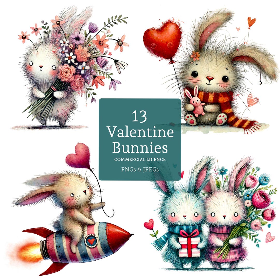 Valentine Bunny Clipart, 13 High Quality Pngs/jpgs, Rabbits With Love ...