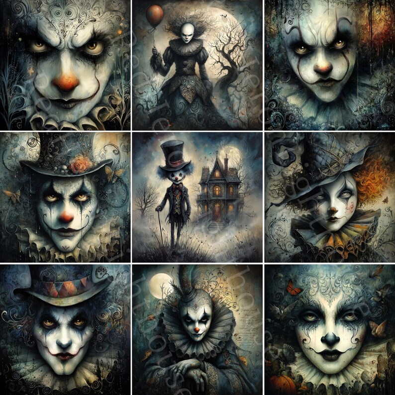 Spooky Pierrot Clown Clip Art: Watercolour Harlequin Horror Ephemera ...