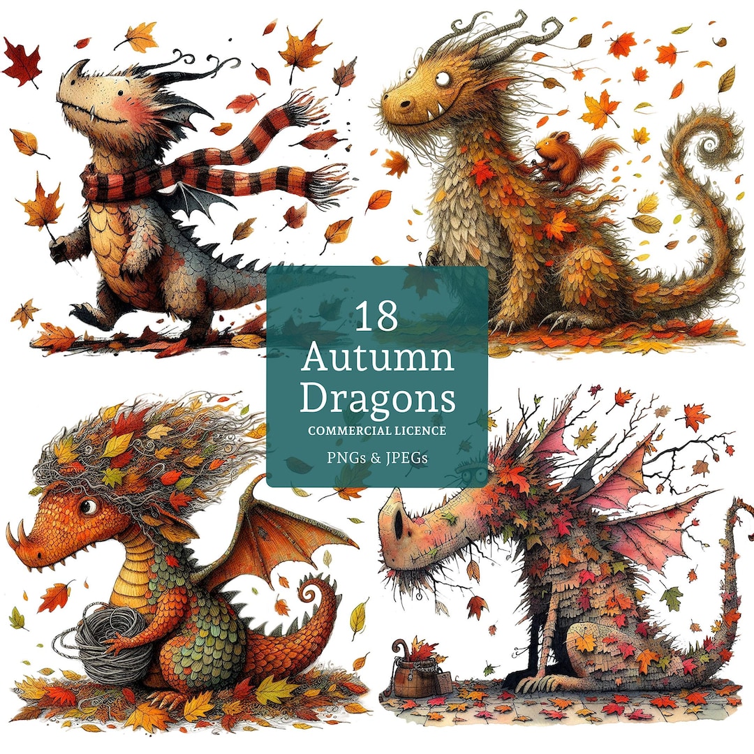 Autumn Dragon Clipart, 18 High Quality Pngs/jpgs, Quirky Fall Dragon ...