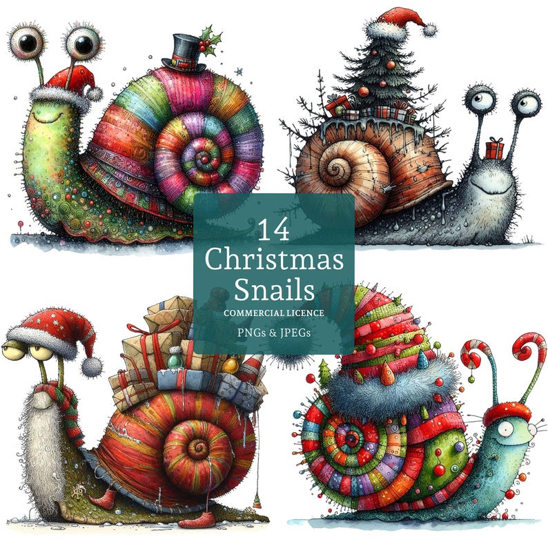 Christmas Snail Clipart, 14 Pngs/jpgs, Funny Festive Snails, Quirky ...