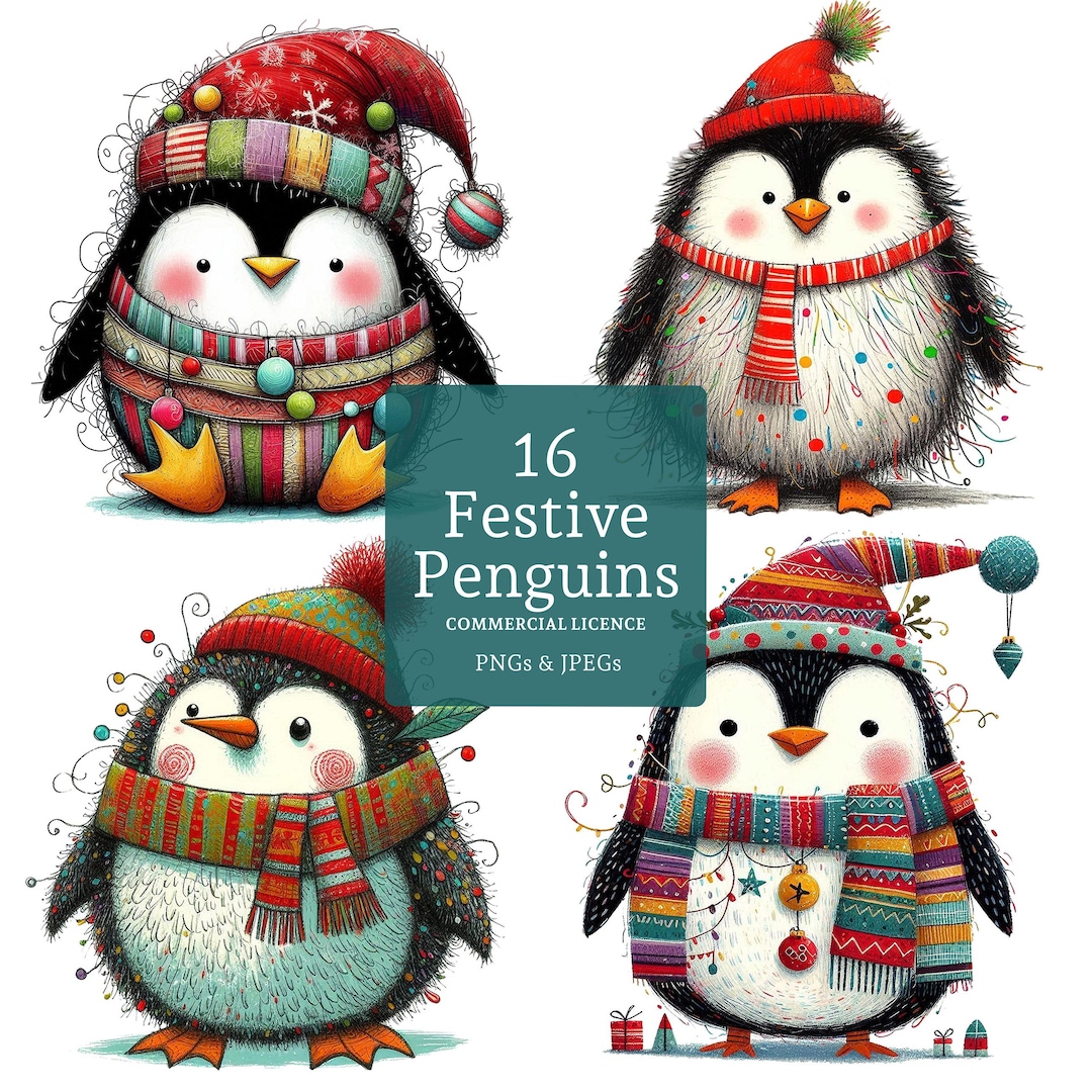 Christmas Penguin Clipart 16 Pngs/jpgs, Festive Winter Animal, Paper ...