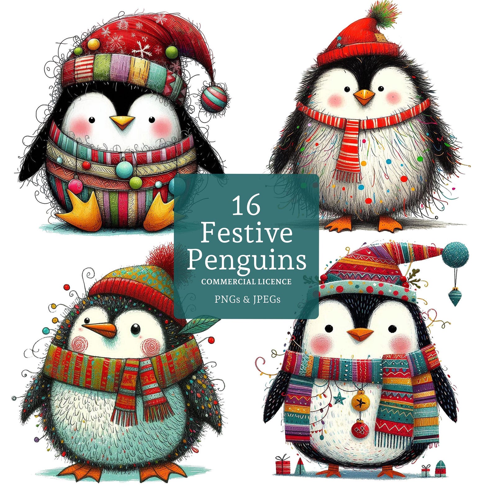 Christmas Penguin Clipart 16 Pngs/jpgs, Festive Winter Animal, Paper ...