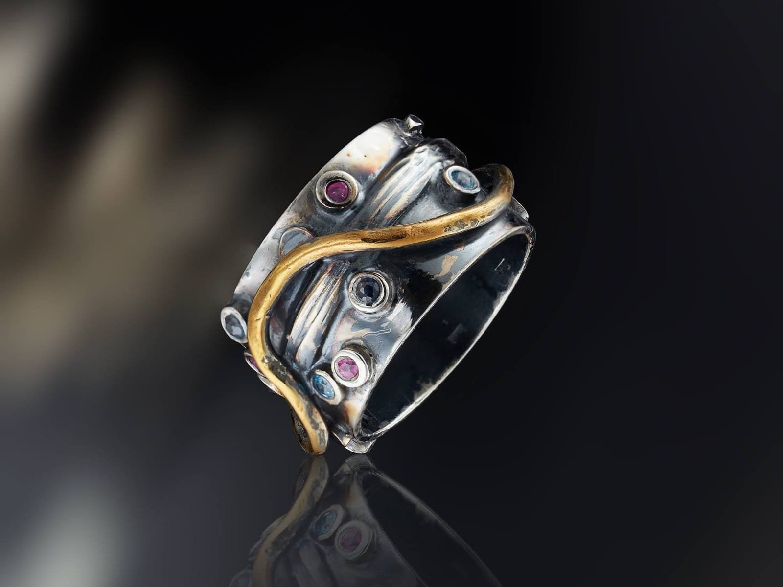 Multi Stone Ring - Mixed Gemstone Ring - Silver Band - Wide Ring ...