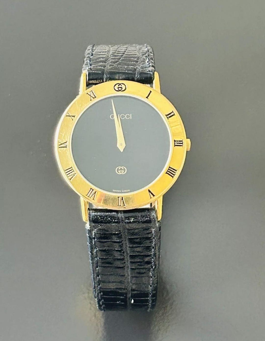 Gucci 8 Mens Gold Handsome Timepiece New Black Leather Strap, New Battery, Gives Precise Time ...