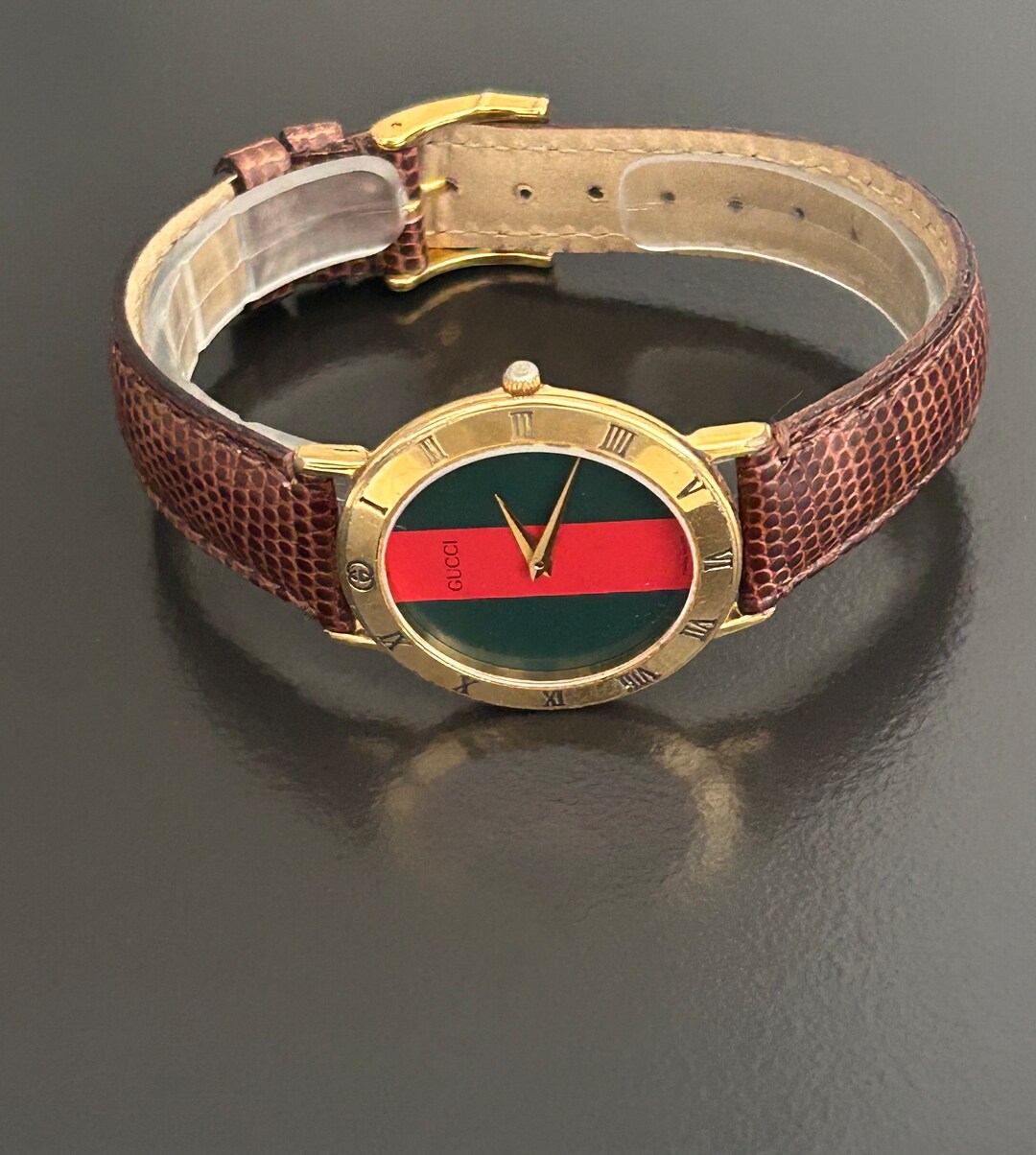 Gucci 8 Mens Gold Handsome Timepiece New Gucci Leather Brown Strap, New Battery, Gives Precise ...