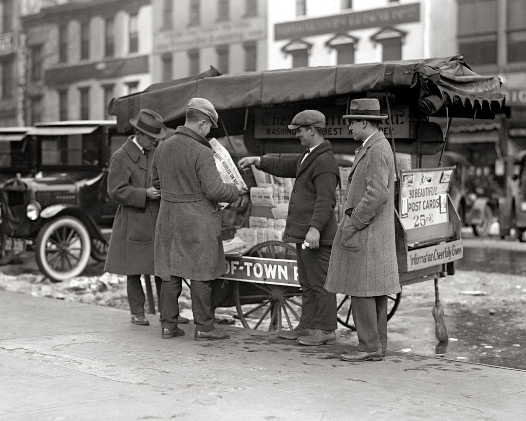 City Newspaper Stand, 1925. Vintage Photo Reproduction Print. Black ...