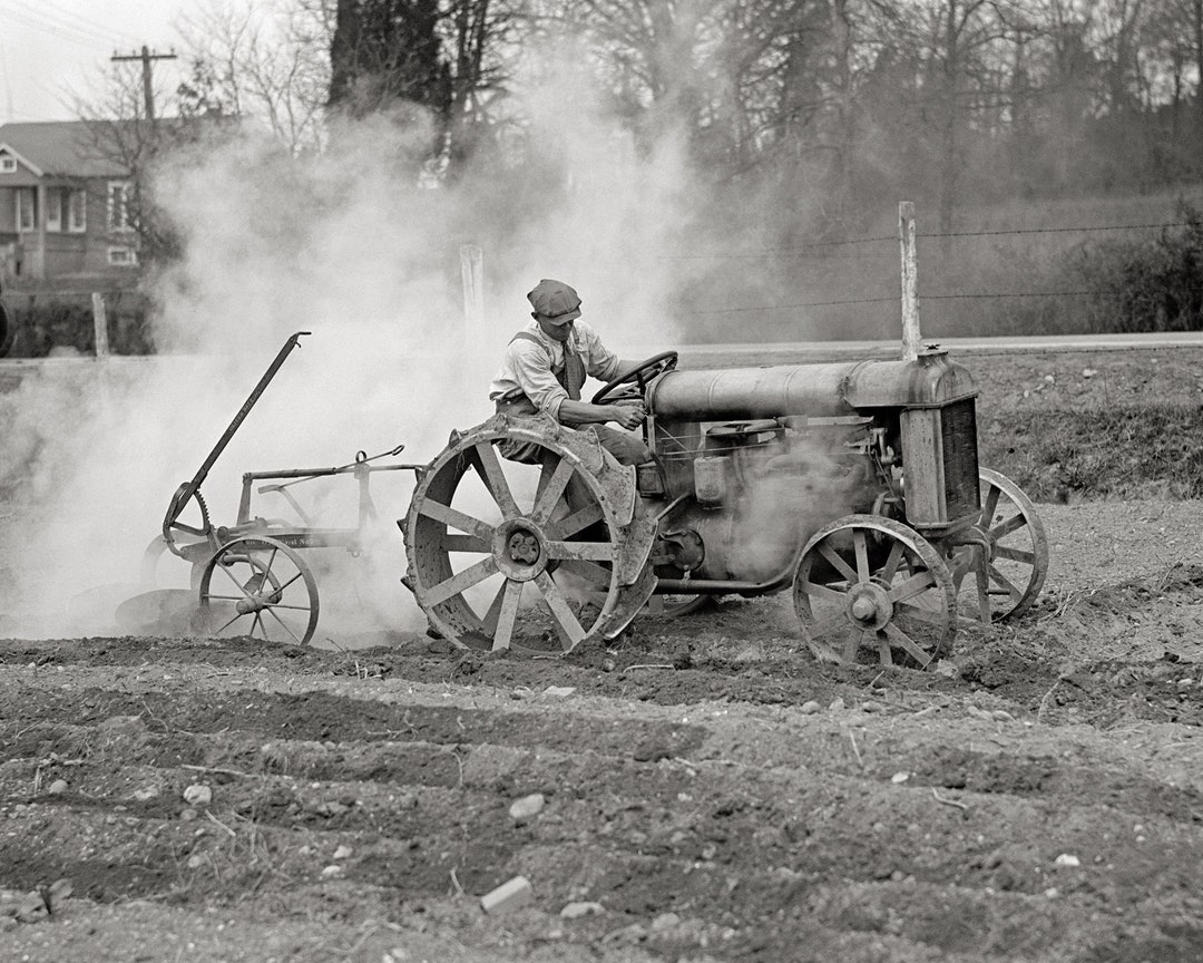 Farmer Driving Tractor, 1925. Vintage Photo Reproduction Print. Black ...