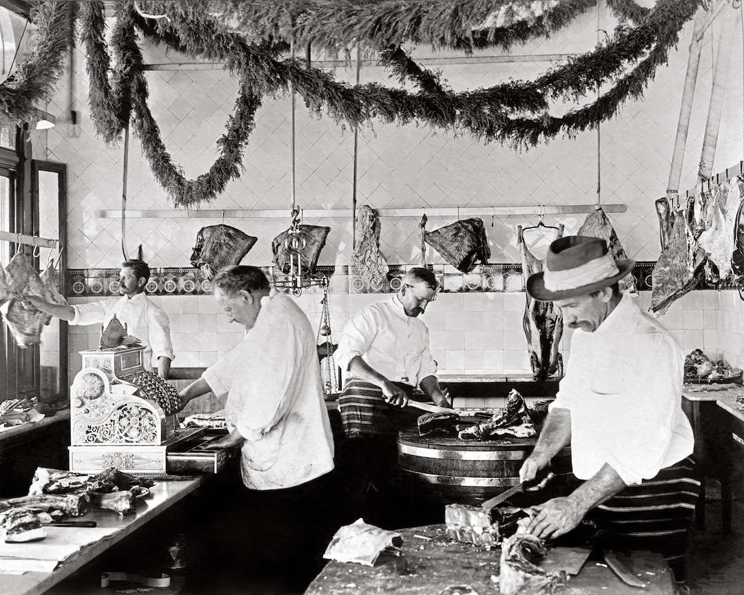 Butcher Shop, 1895. Vintage Photo Reproduction Print. Black & White ...